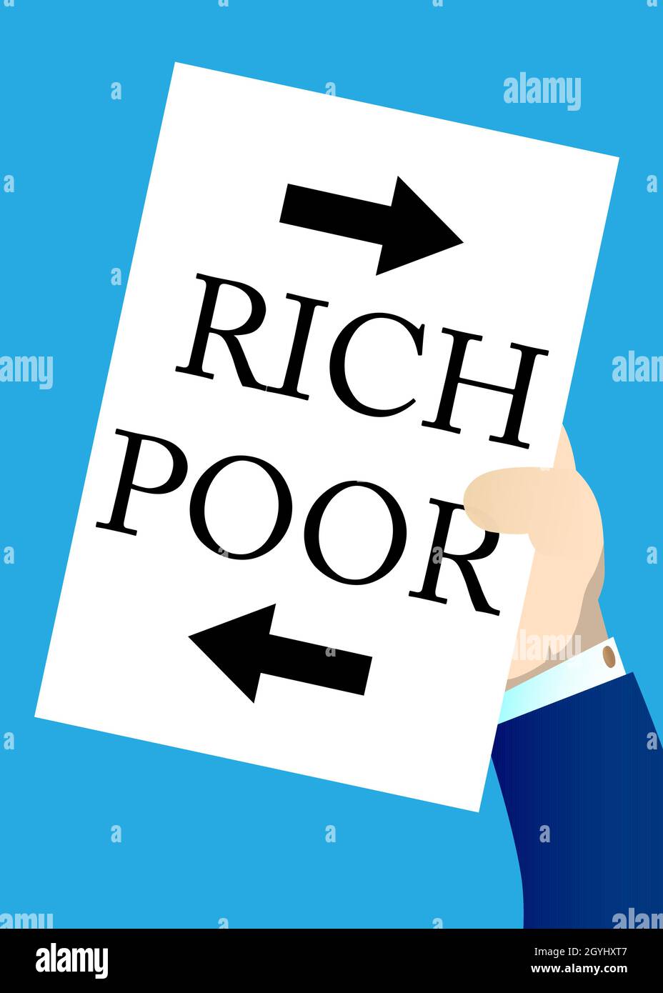 Hand holding banner with Poor or Rich words with arrows on white paper ...