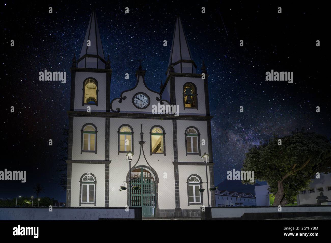 Madalena Ancient church of Village Pico Island Azores at night view ...