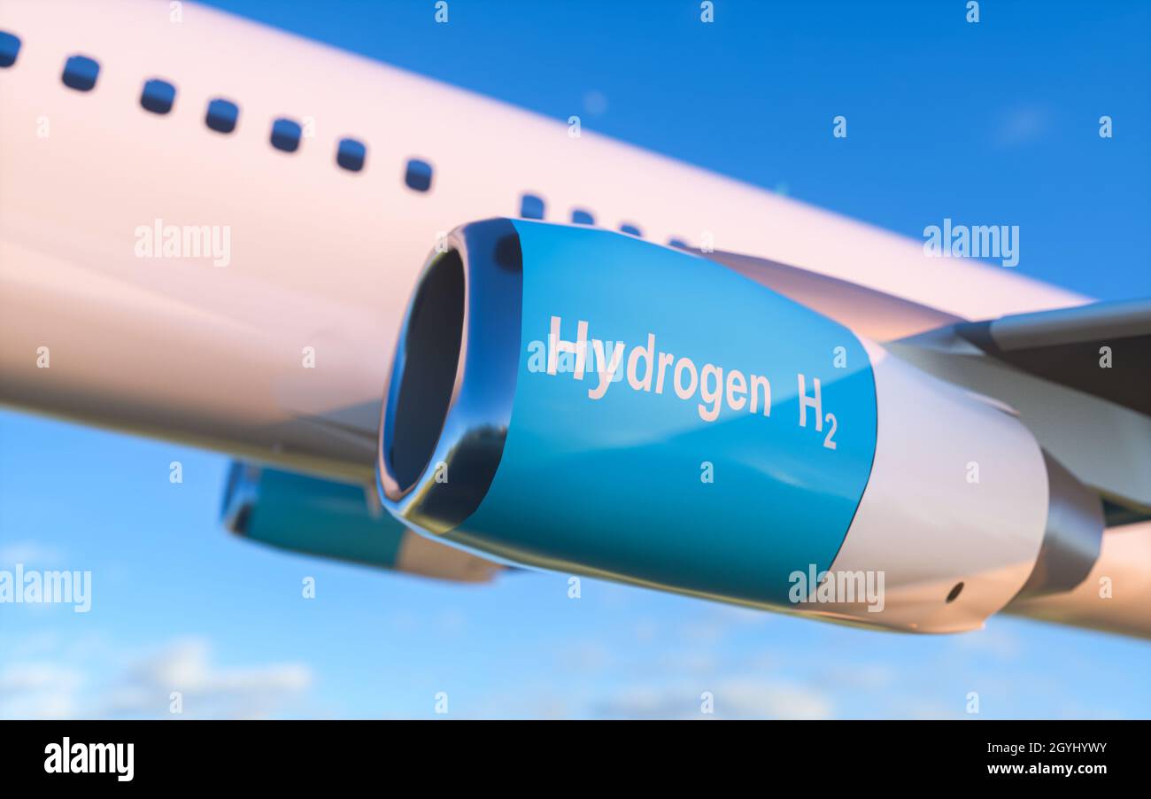 Blue Hydrogen filling H2 Airplane flying in the sky - H2 energy Stock ...