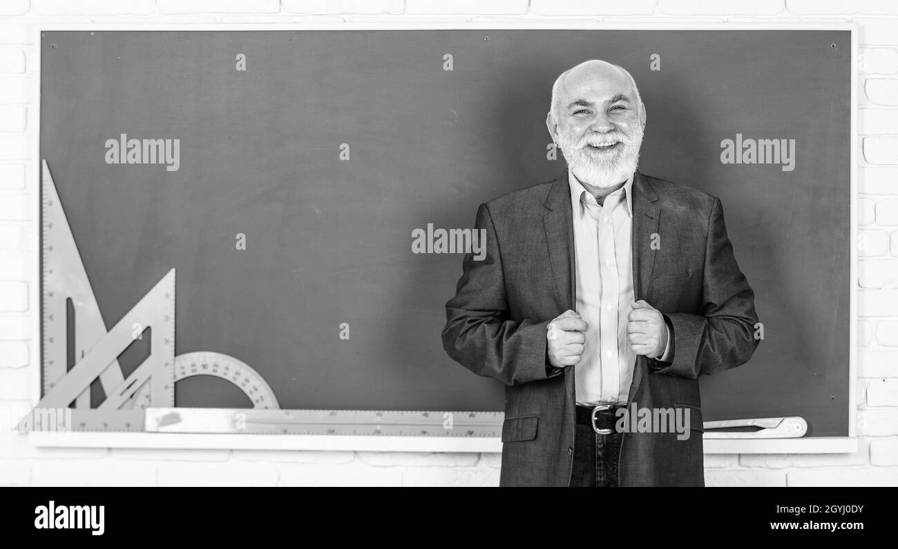 senior man teacher use math tools. bearded lecturer man explain ...