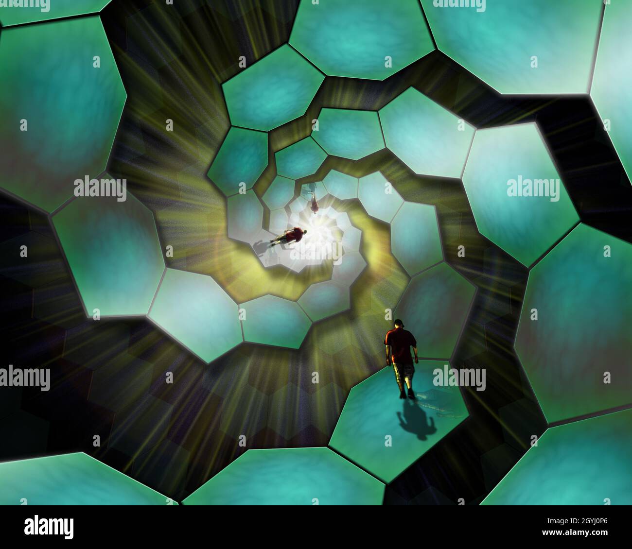 abstract background with people walking along a spiral path formed by ...