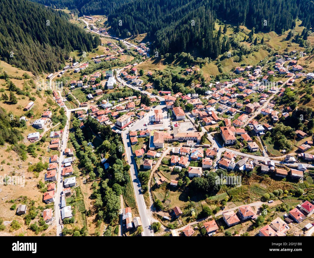 Aerial view of village of Trigrad, Smolyan Region, Bulgaria Stock Photo ...