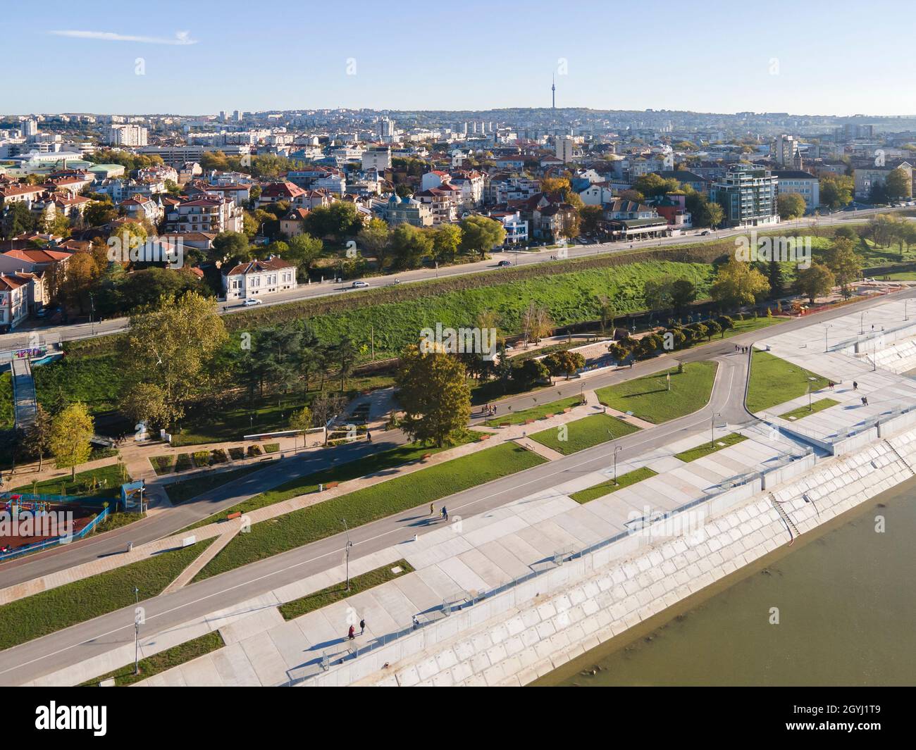 Amazing Aerial view of Danube River and City of Ruse, Bulgaria Stock ...