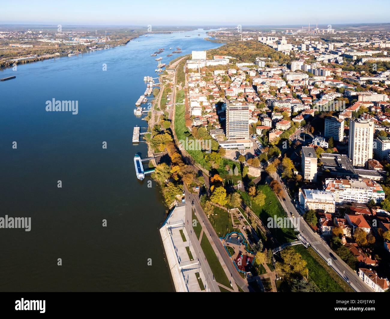 Amazing Aerial view of Danube River and City of Ruse, Bulgaria Stock ...