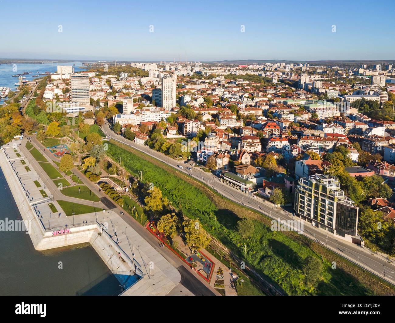 Amazing Aerial view of Danube River and City of Ruse, Bulgaria Stock ...