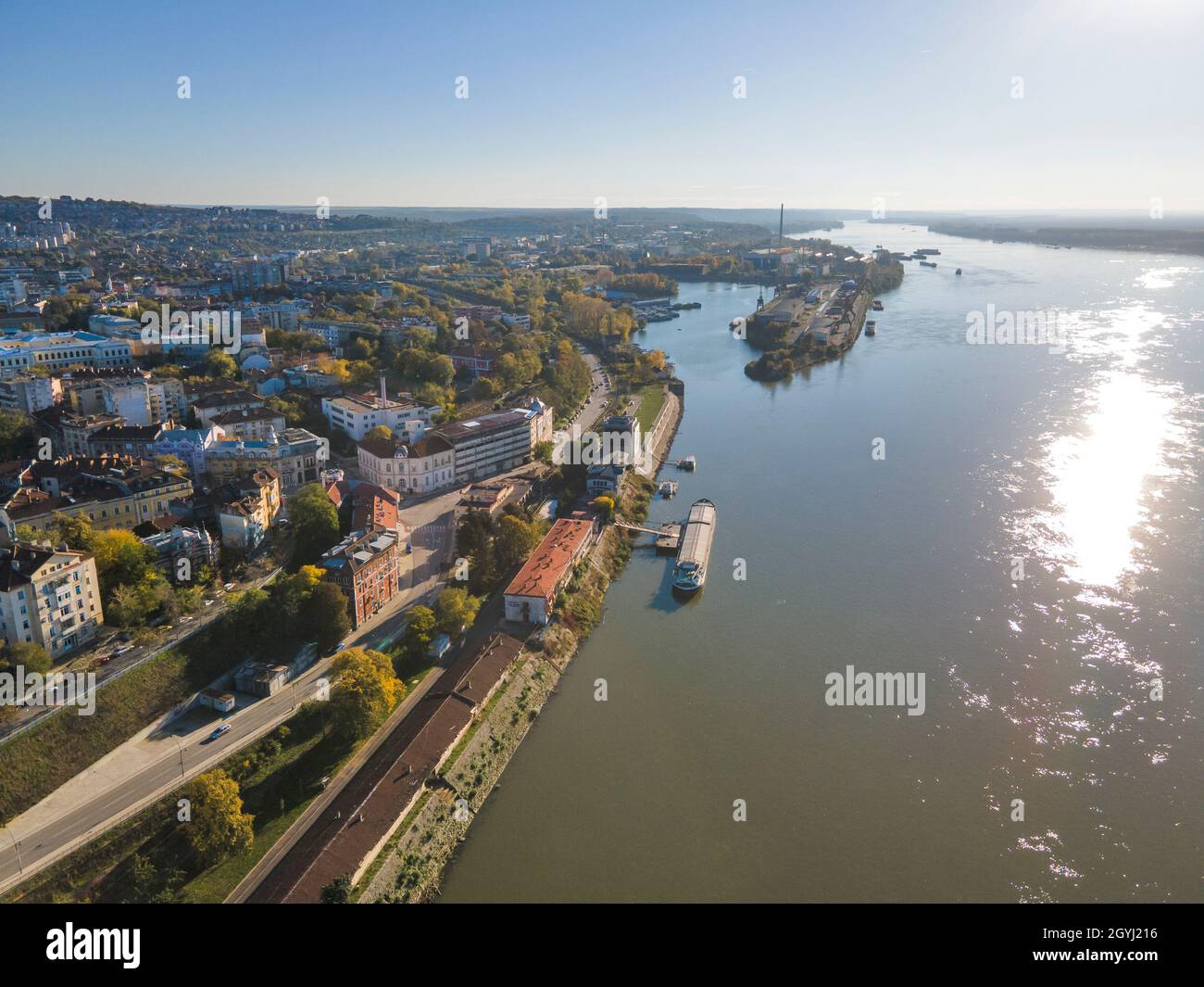 Amazing Aerial view of Danube River and City of Ruse, Bulgaria Stock ...