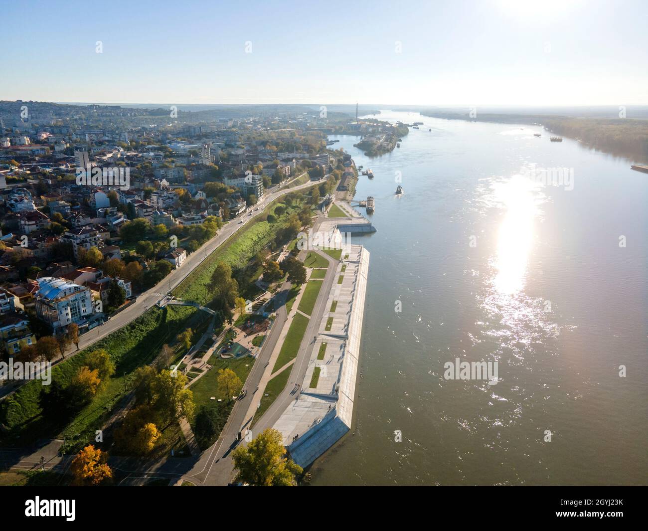 Amazing Aerial view of Danube River and City of Ruse, Bulgaria Stock ...