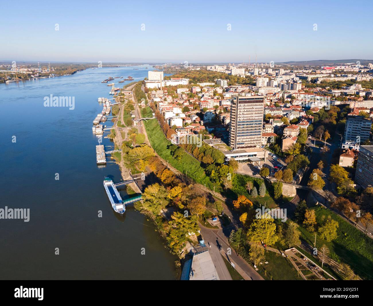 Amazing Aerial view of Danube River and City of Ruse, Bulgaria Stock ...