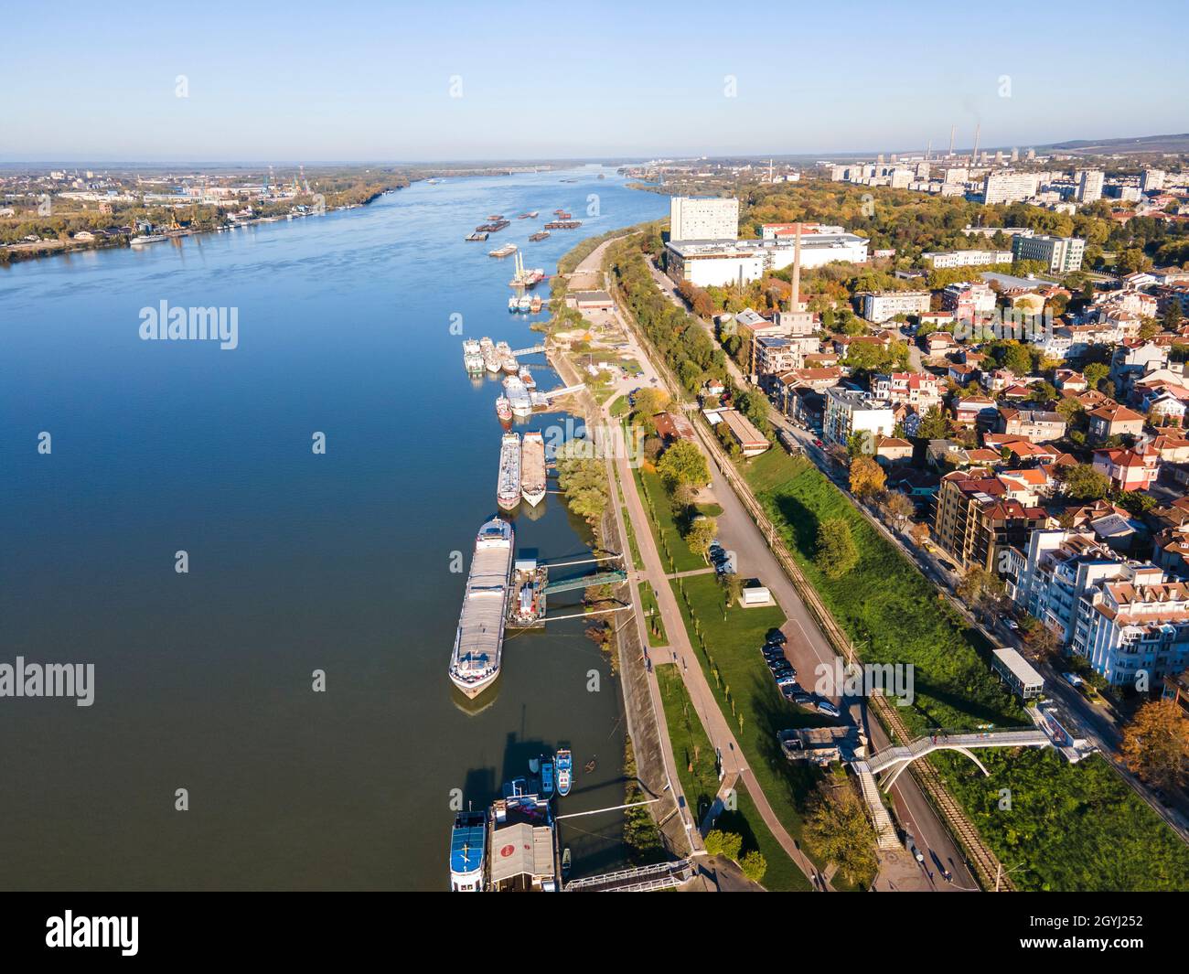 Amazing Aerial view of Danube River and City of Ruse, Bulgaria Stock ...