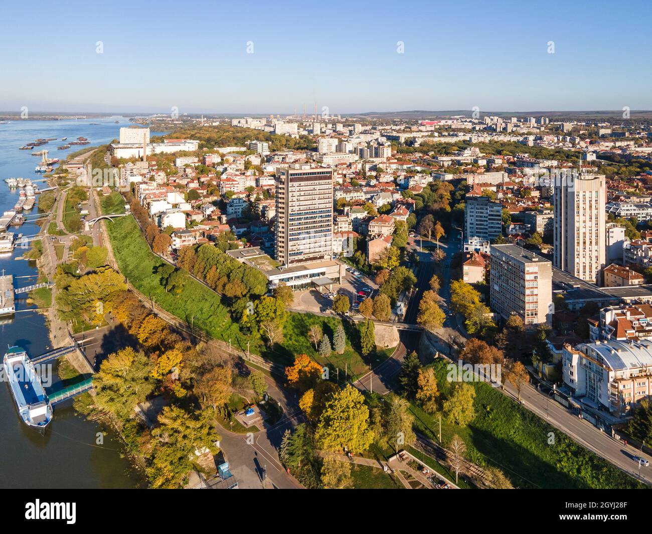 Amazing Aerial view of Danube River and City of Ruse, Bulgaria Stock ...