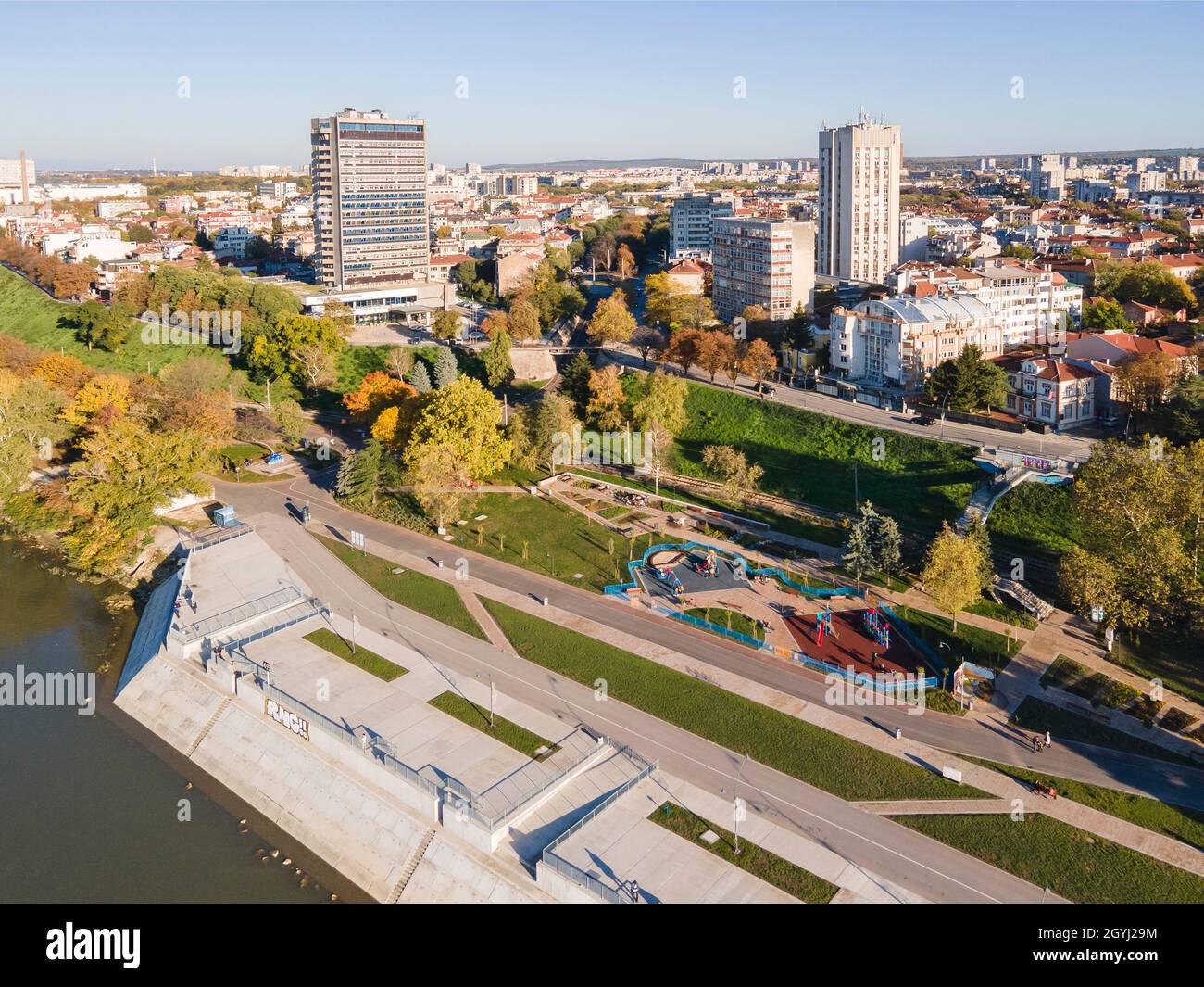 Amazing Aerial view of Danube River and City of Ruse, Bulgaria Stock ...