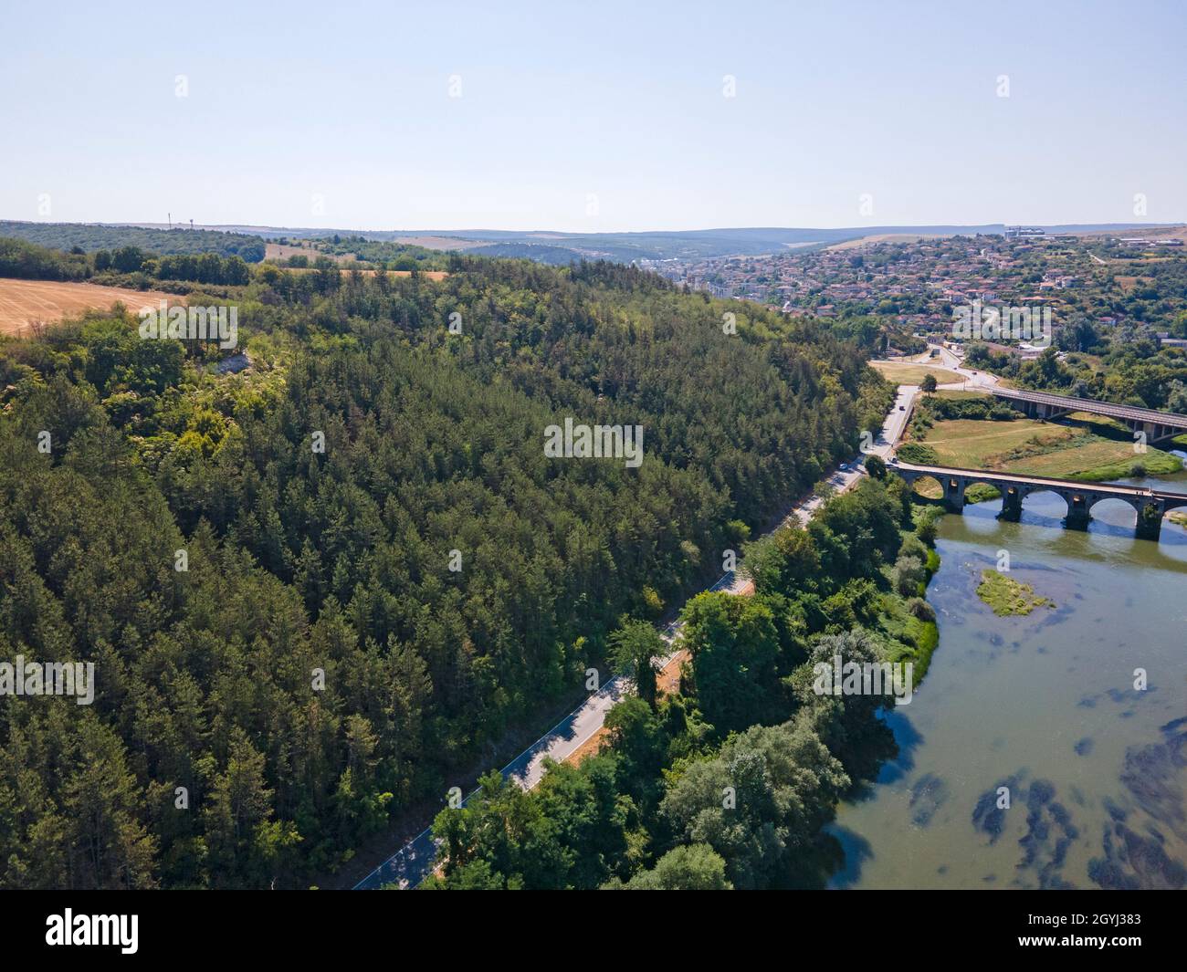 Aerial view of Nineteenth-century bridge over the Yantra River, known ...