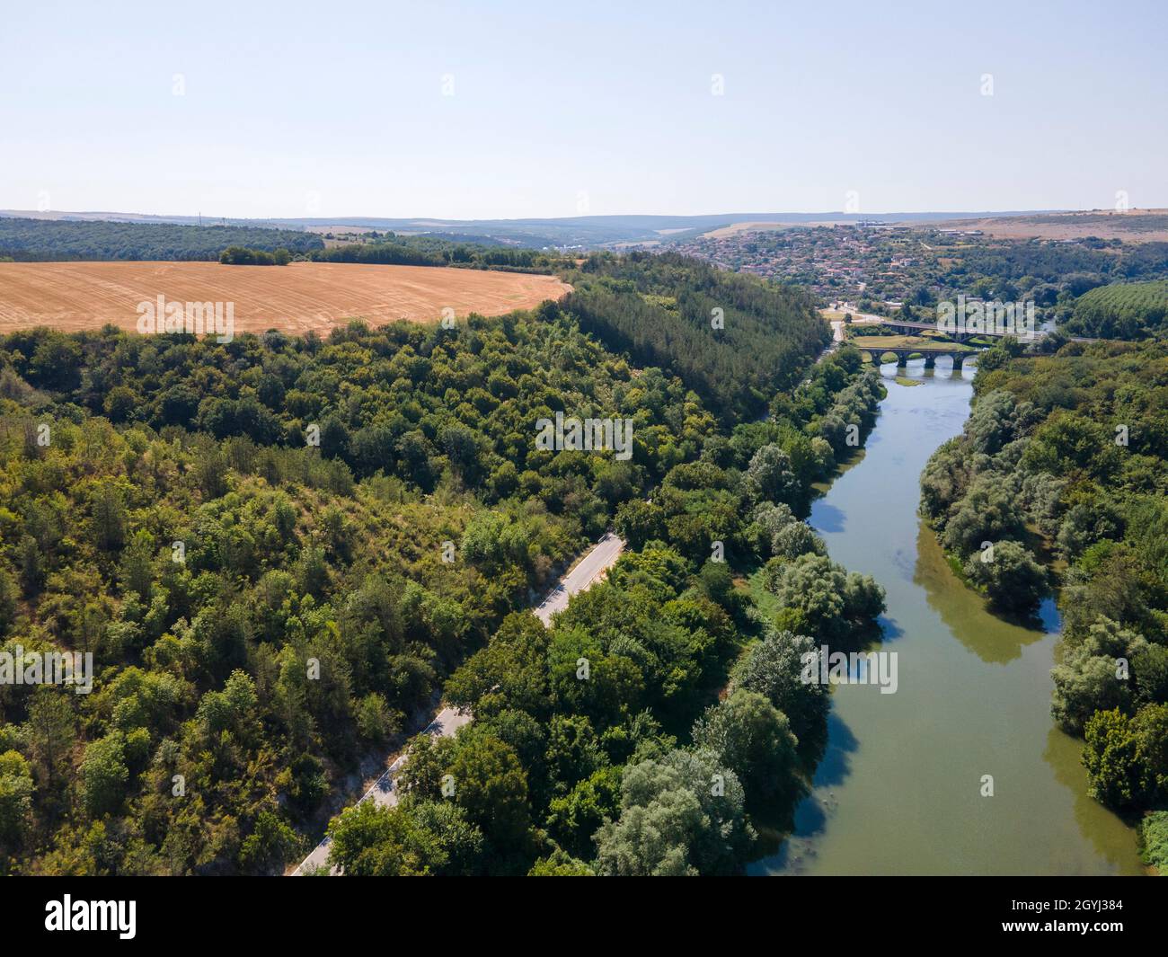 Aerial view of Nineteenth-century bridge over the Yantra River, known ...