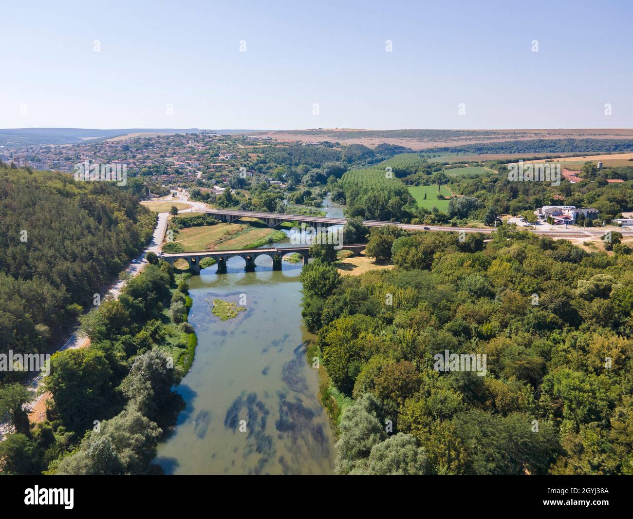 Aerial view of Nineteenth-century bridge over the Yantra River, known ...