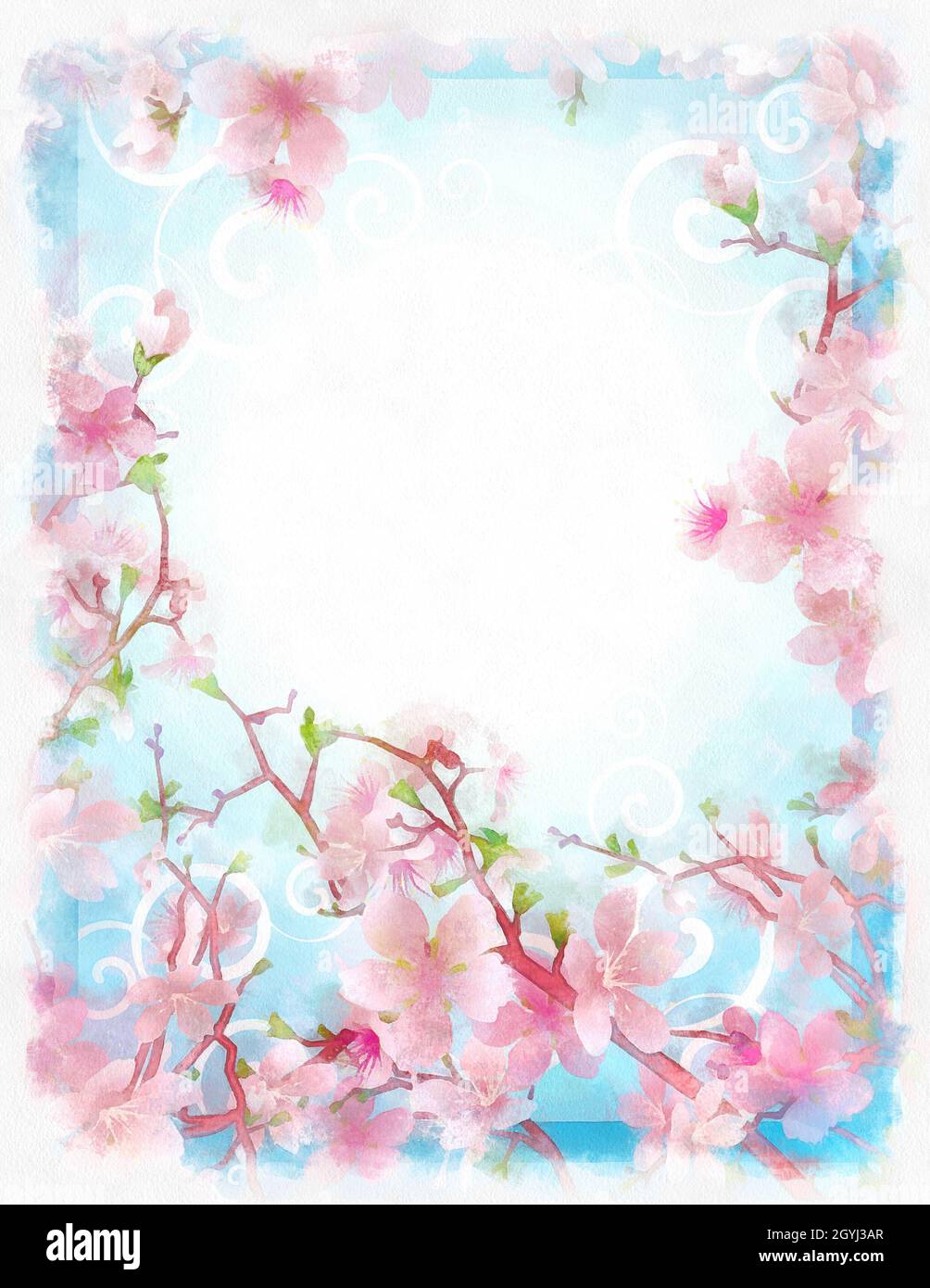 watercolor pink cherry flowers frame with blue background Stock Photo ...