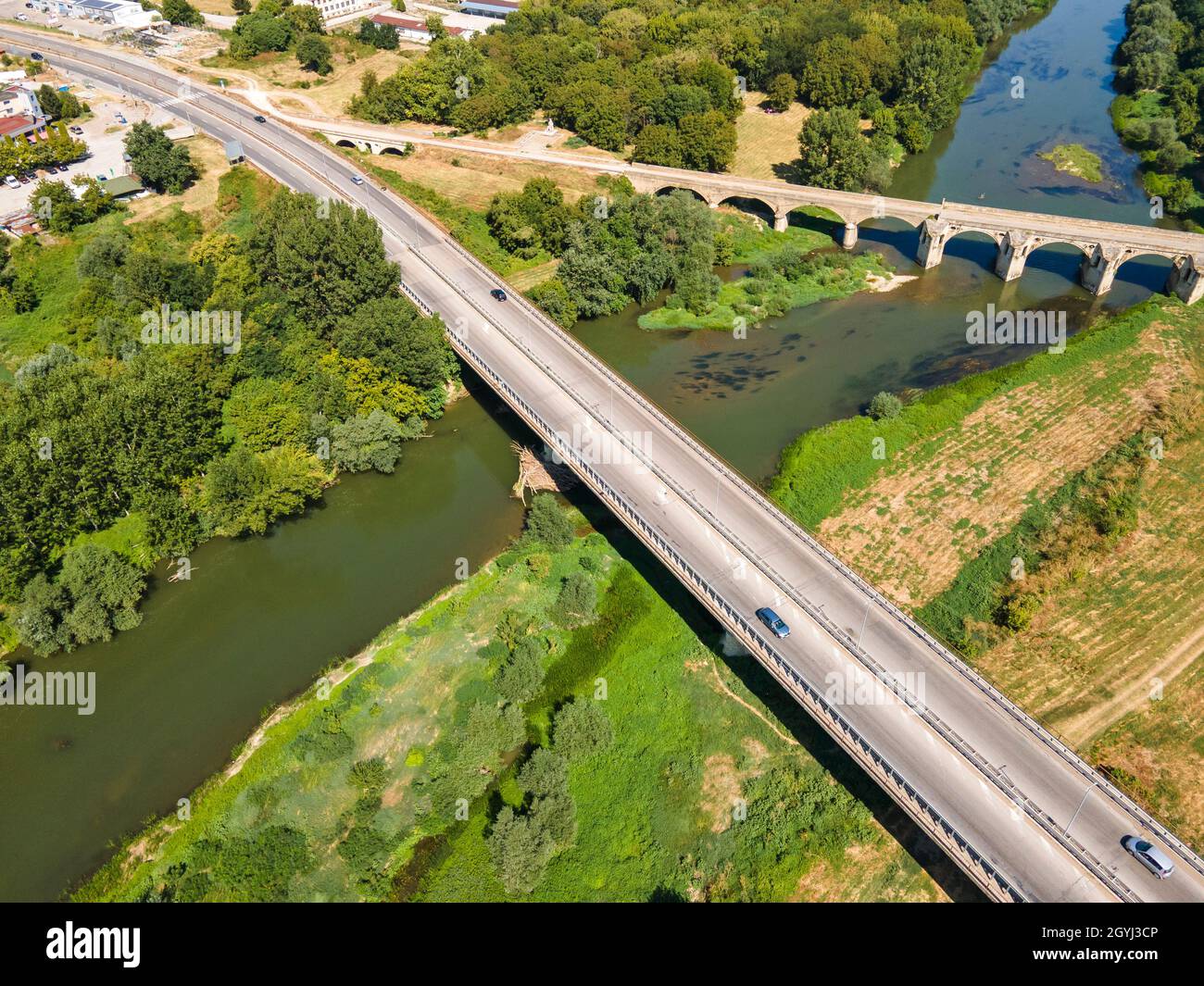 Aerial view of Nineteenth-century bridge over the Yantra River, known ...