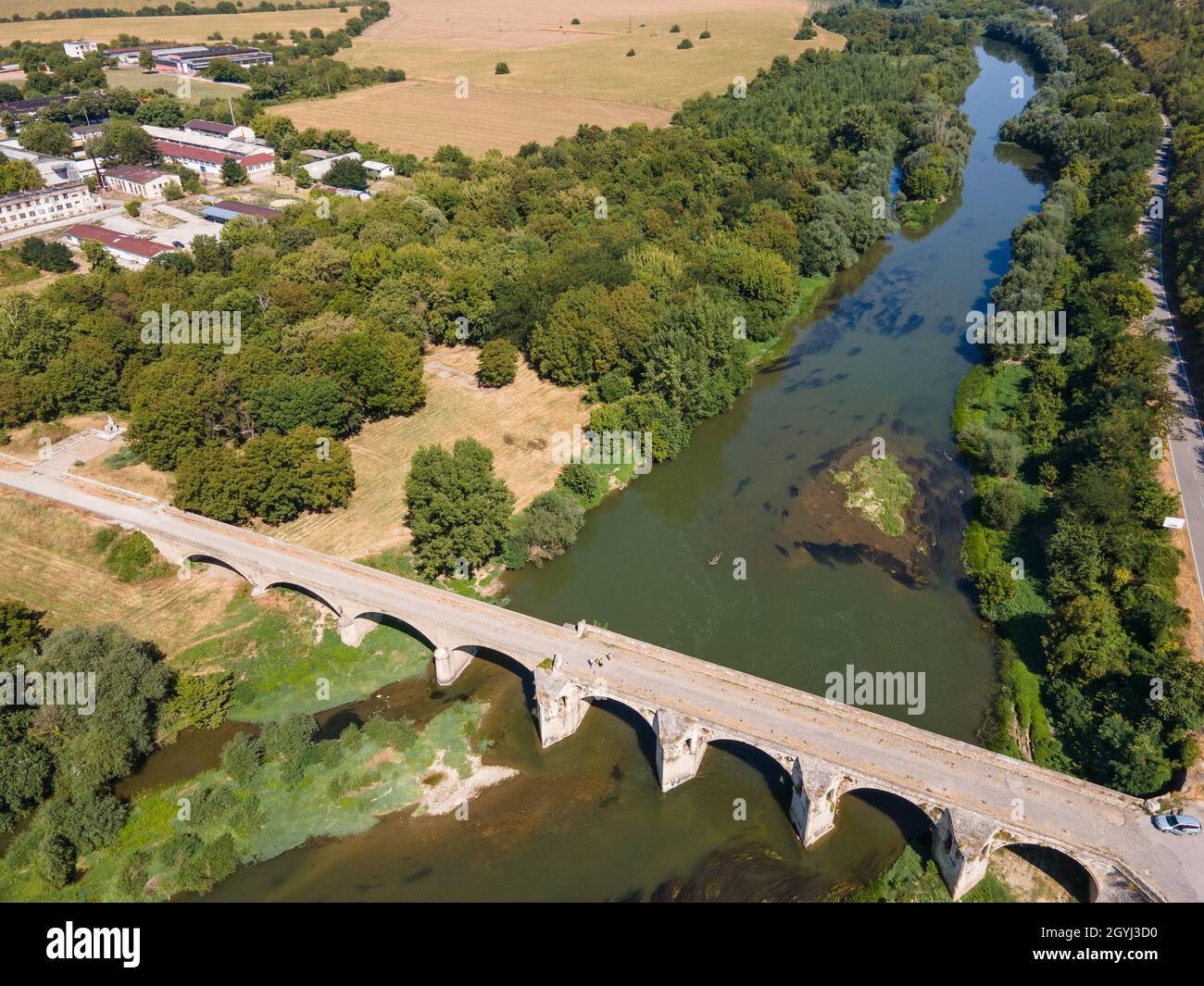 Aerial view of Nineteenth-century bridge over the Yantra River, known ...
