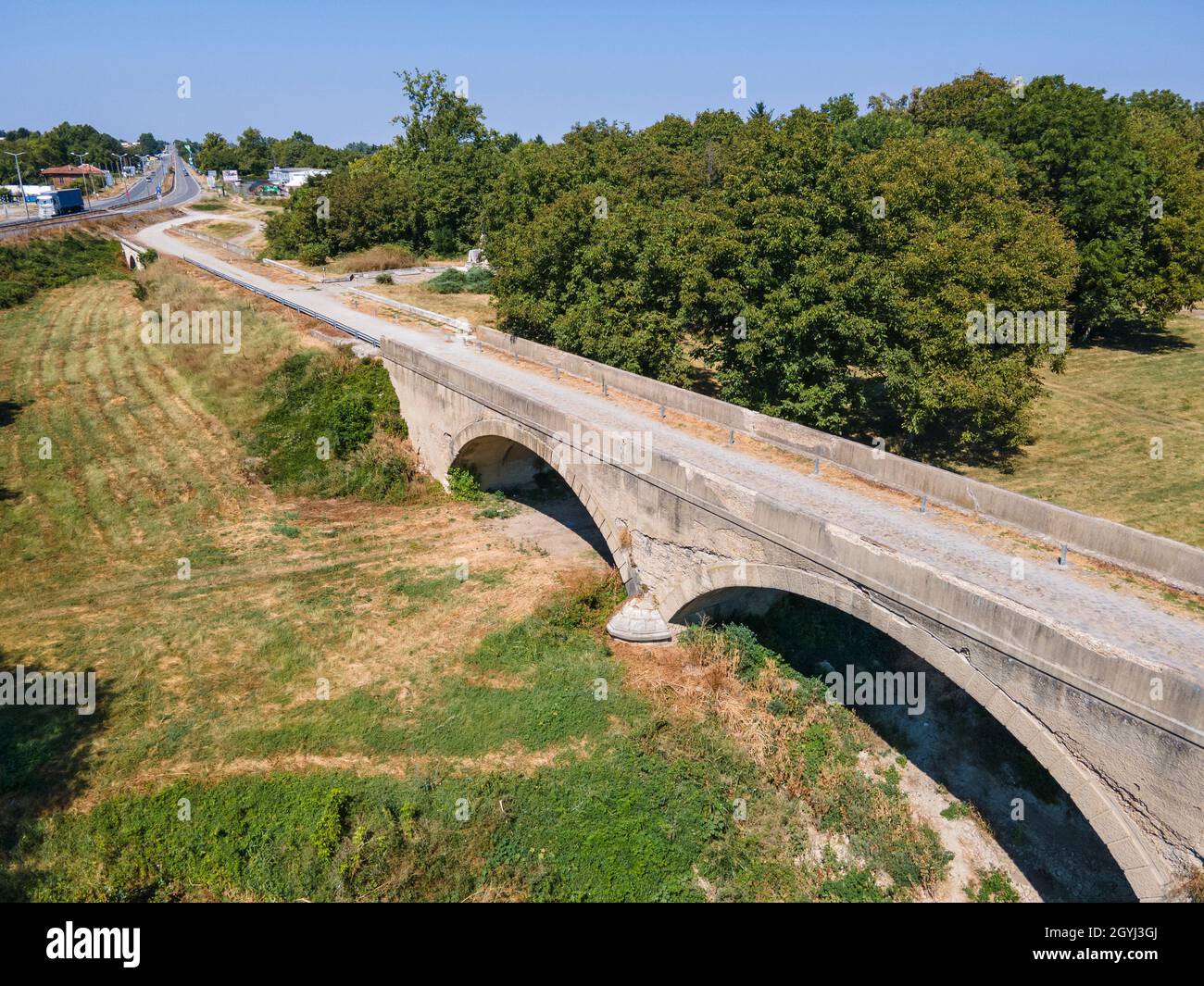 Aerial view of Nineteenth-century bridge over the Yantra River, known ...