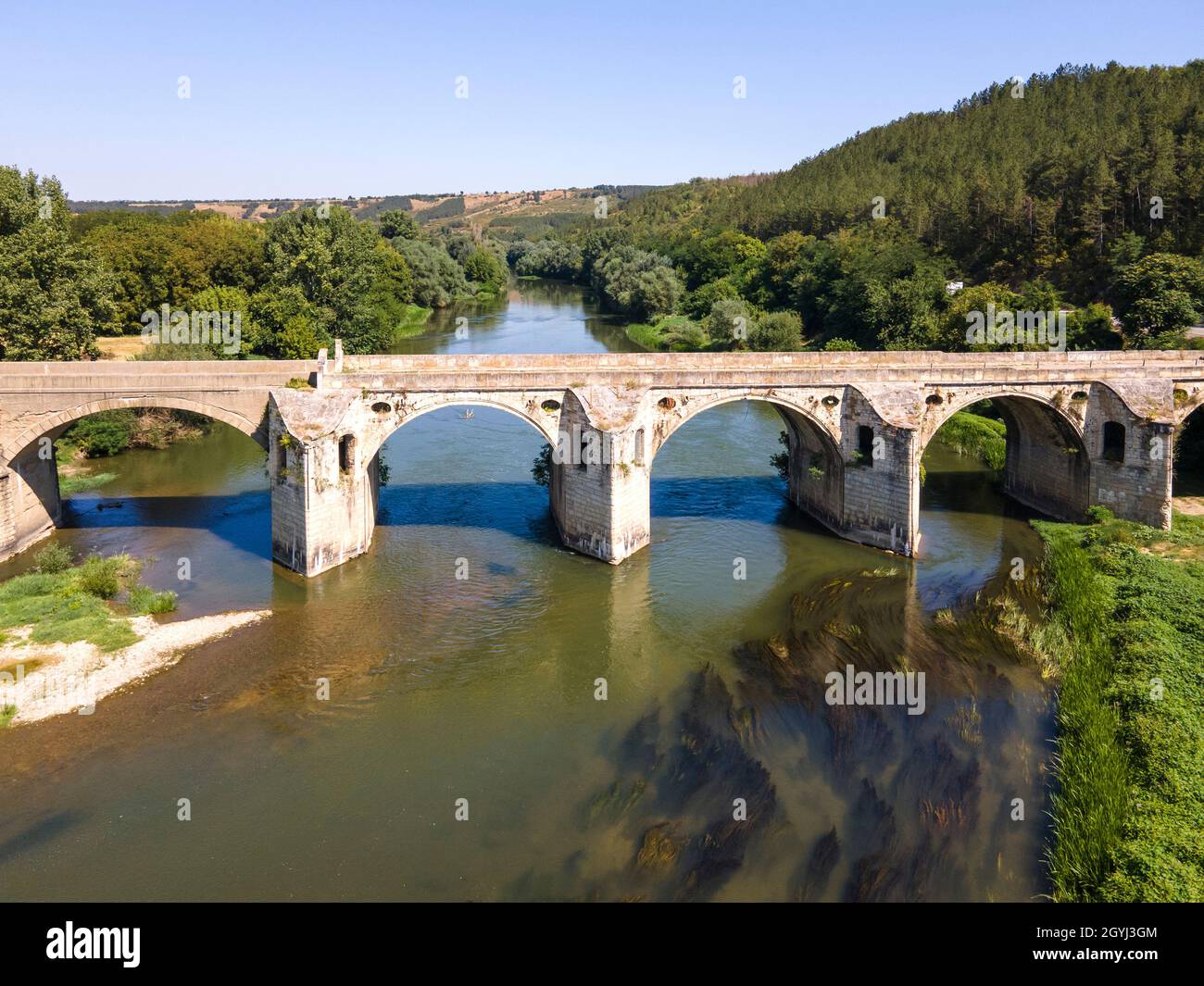 Aerial view of Nineteenth-century bridge over the Yantra River, known ...