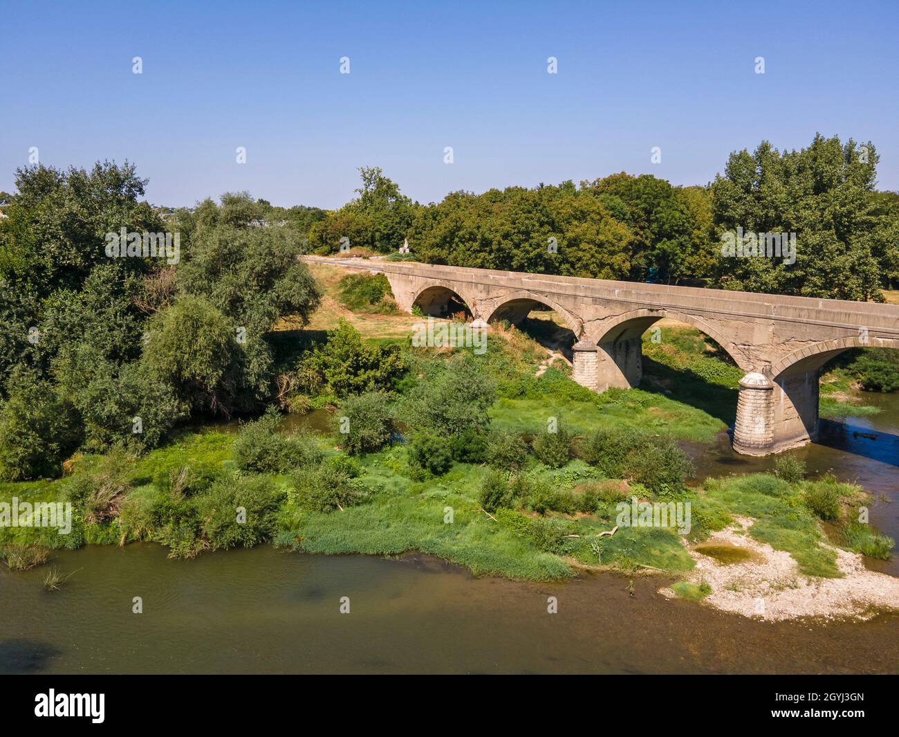 Aerial view of Nineteenth-century bridge over the Yantra River, known ...