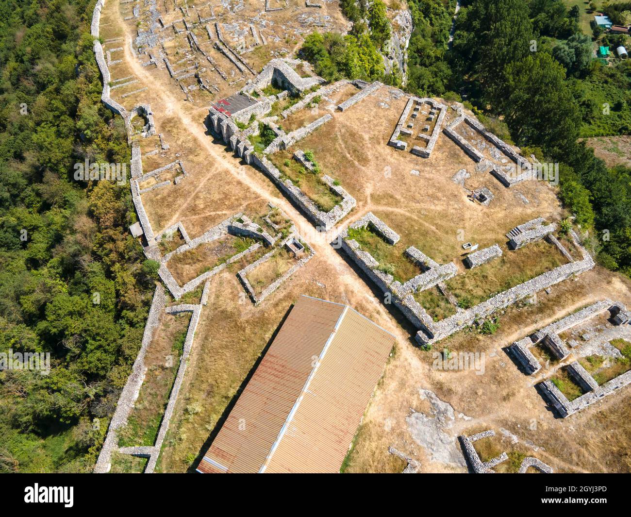 Aerial view of Ruins of medieval fortificated city of Cherven from ...