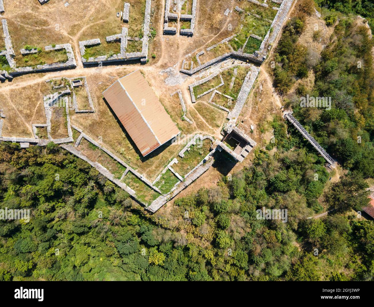 Aerial view of Ruins of medieval fortificated city of Cherven from ...