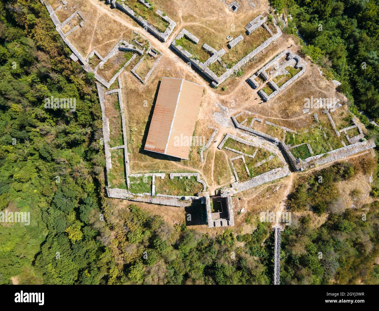 Aerial view of Ruins of medieval fortificated city of Cherven from ...