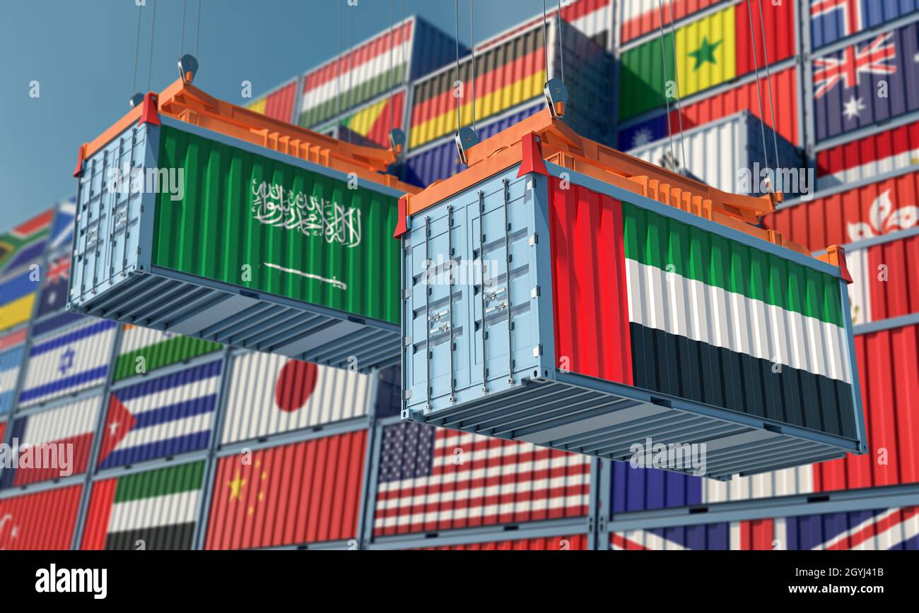 Freight containers with United Arab Emirates and Saudi Arabia national ...