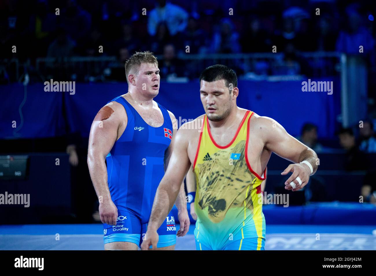 Oslo 20211008.Oskar Marvik from Norway against Alimkhan Syzdykov in class 130 kg during Friday's ...