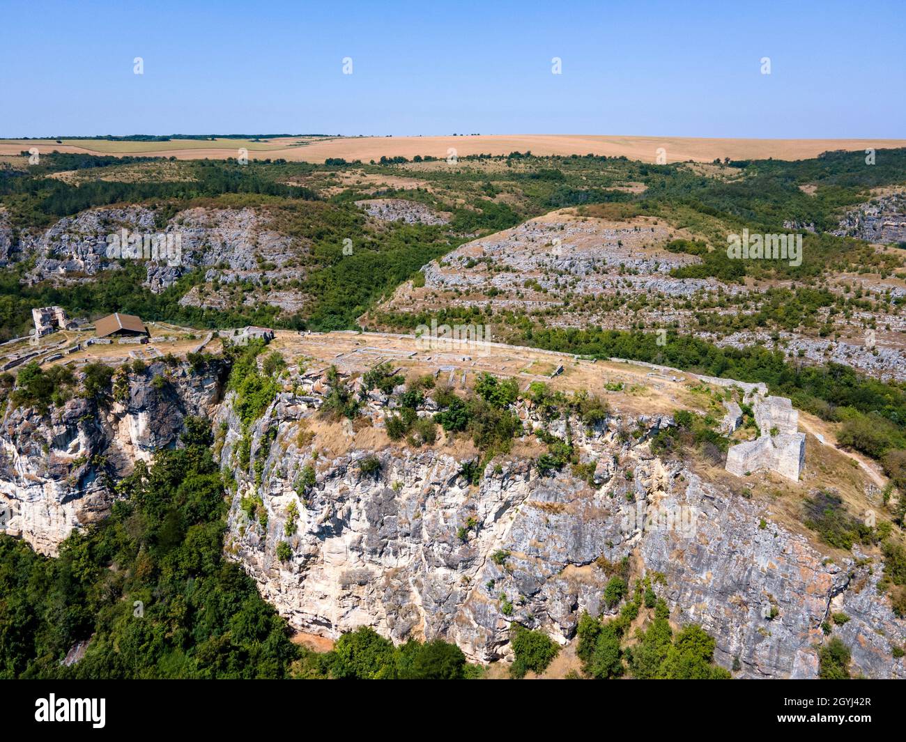 Aerial view of Ruins of medieval fortificated city of Cherven from ...