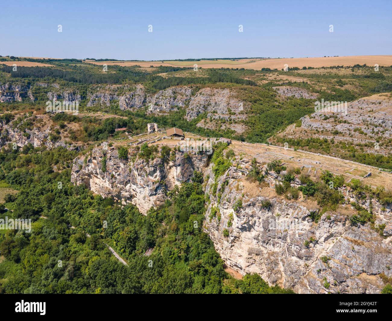 Aerial view of Ruins of medieval fortificated city of Cherven from ...