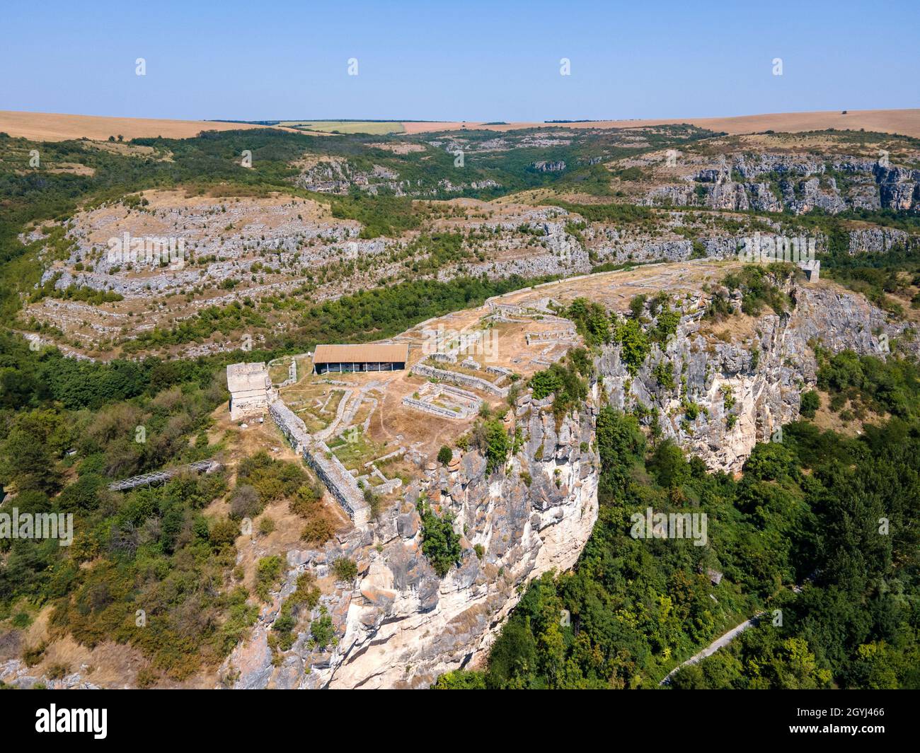 Aerial view of Ruins of medieval fortificated city of Cherven from ...