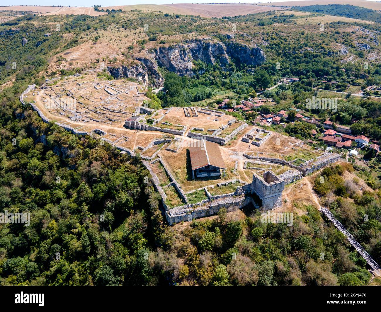 Aerial view of Ruins of medieval fortificated city of Cherven from ...