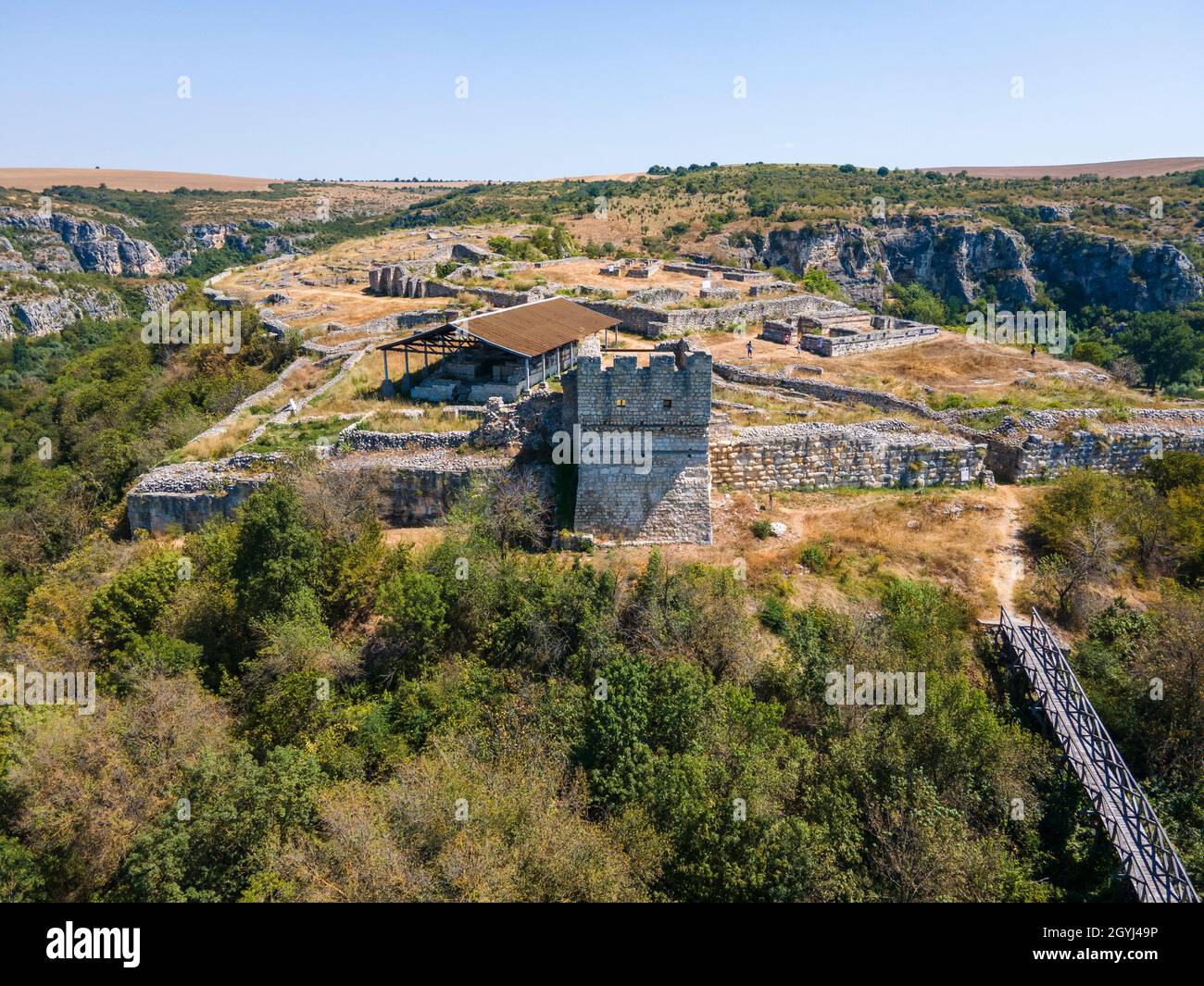 Aerial view of Ruins of medieval fortificated city of Cherven from ...