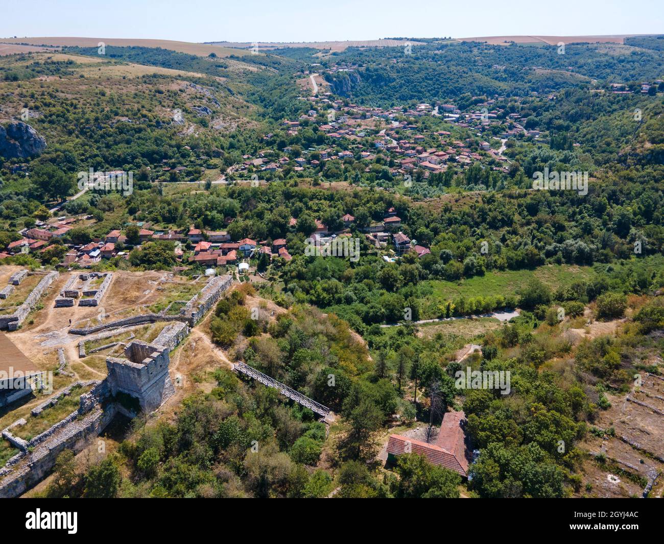 Aerial view of Ruins of medieval fortificated city of Cherven from ...