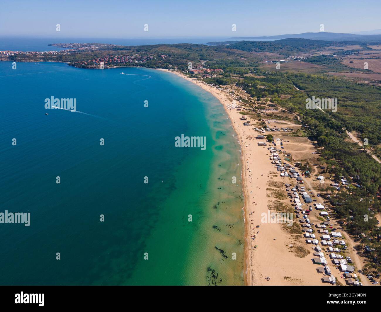 Aerial view of Gradina (Garden) Beach near town of Sozopol, Burgas ...