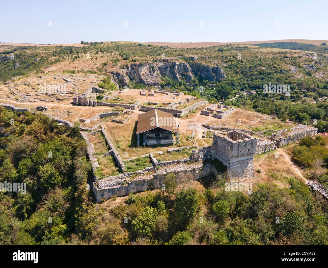 Aerial view of Ruins of medieval fortificated city of Cherven from ...