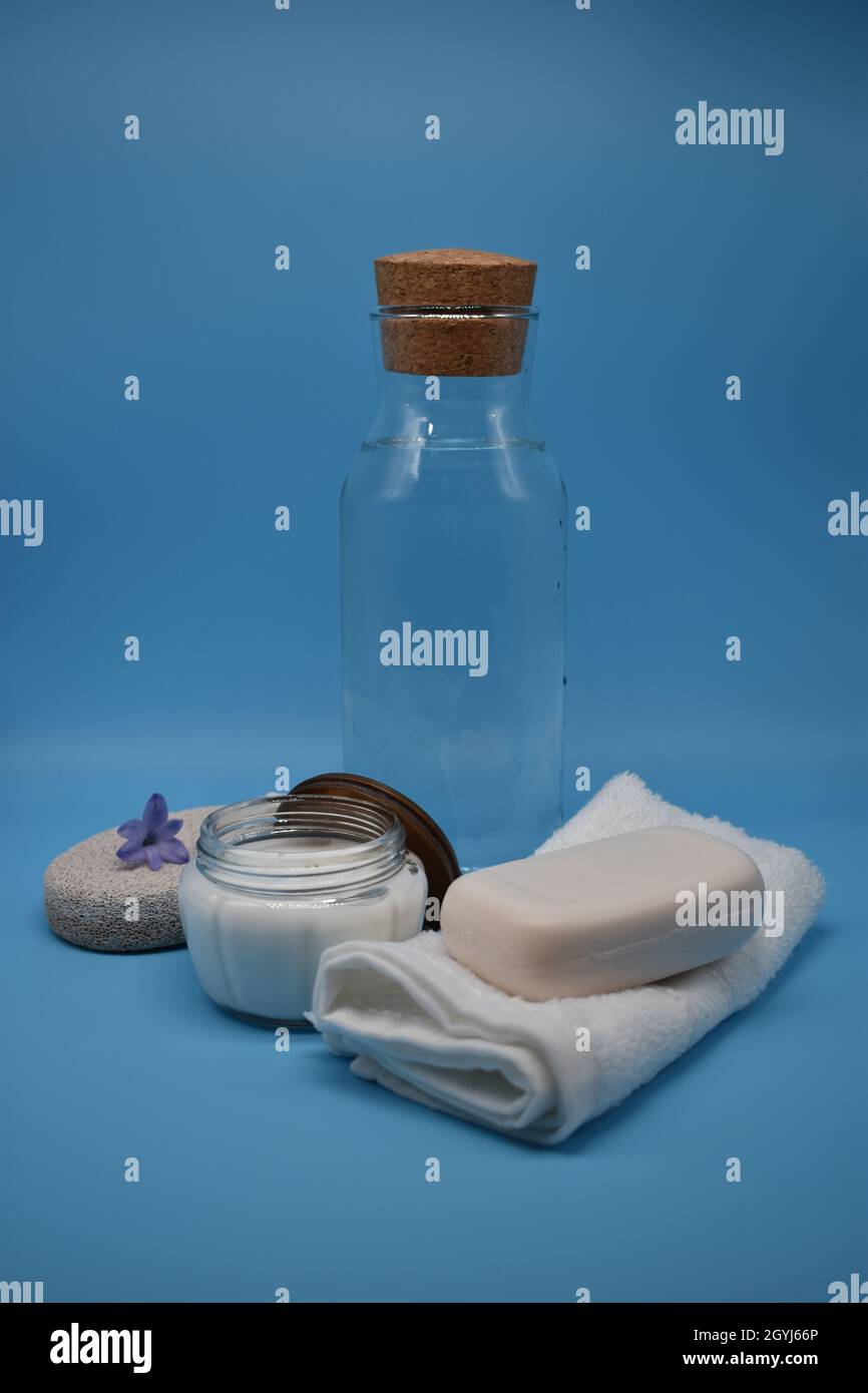 Healthy reuseable skincare concept with water soap flannel and face ...