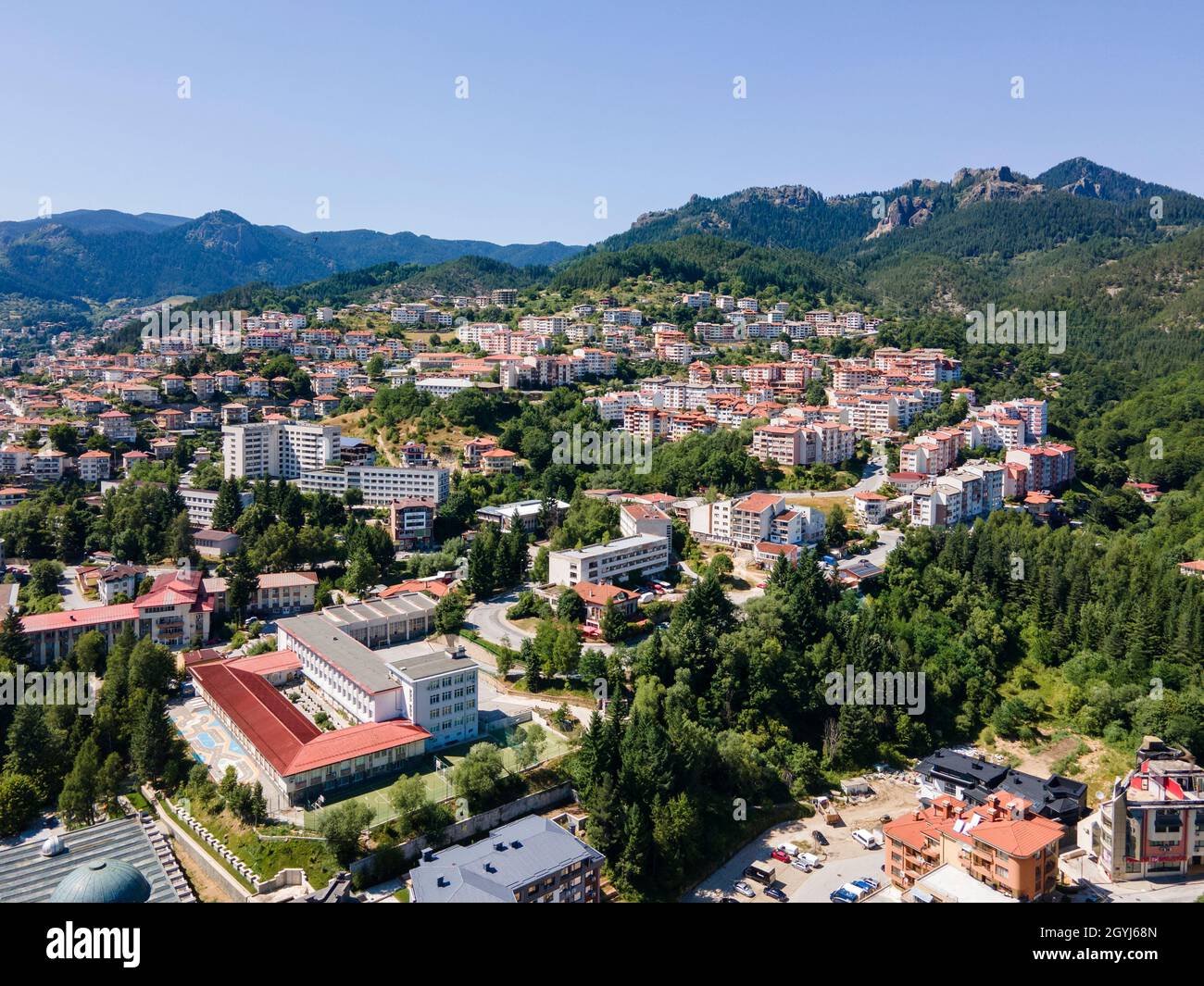 Amazing Aerial view of Center of the town of Smolyan, Bulgaria Stock ...