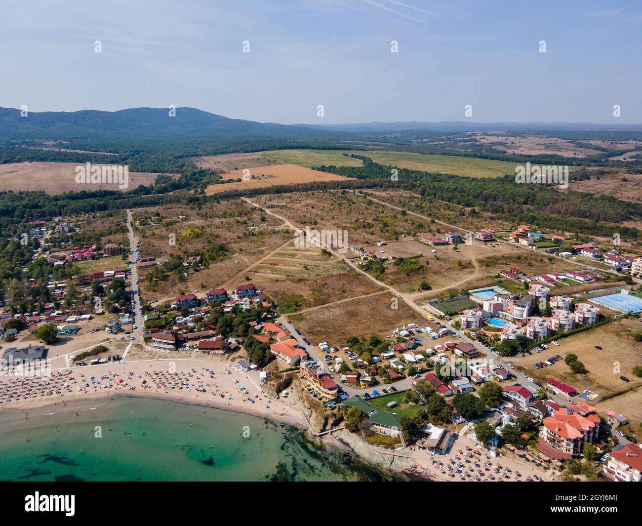 Aerial view of Arapya beach near town of Tsarevo, Burgas Region ...