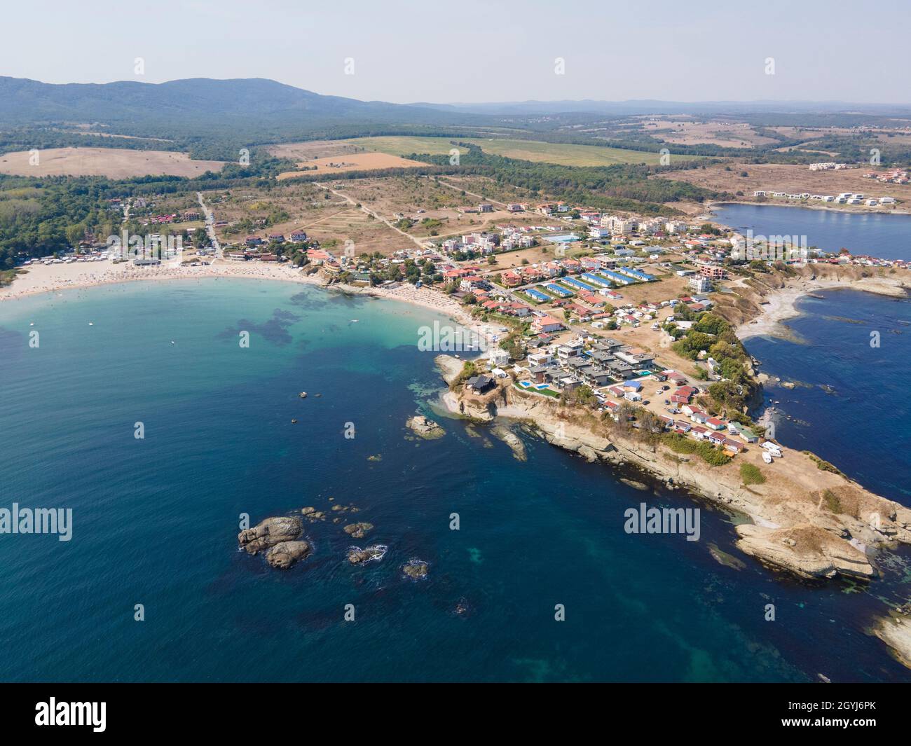 Aerial view of Arapya beach near town of Tsarevo, Burgas Region ...
