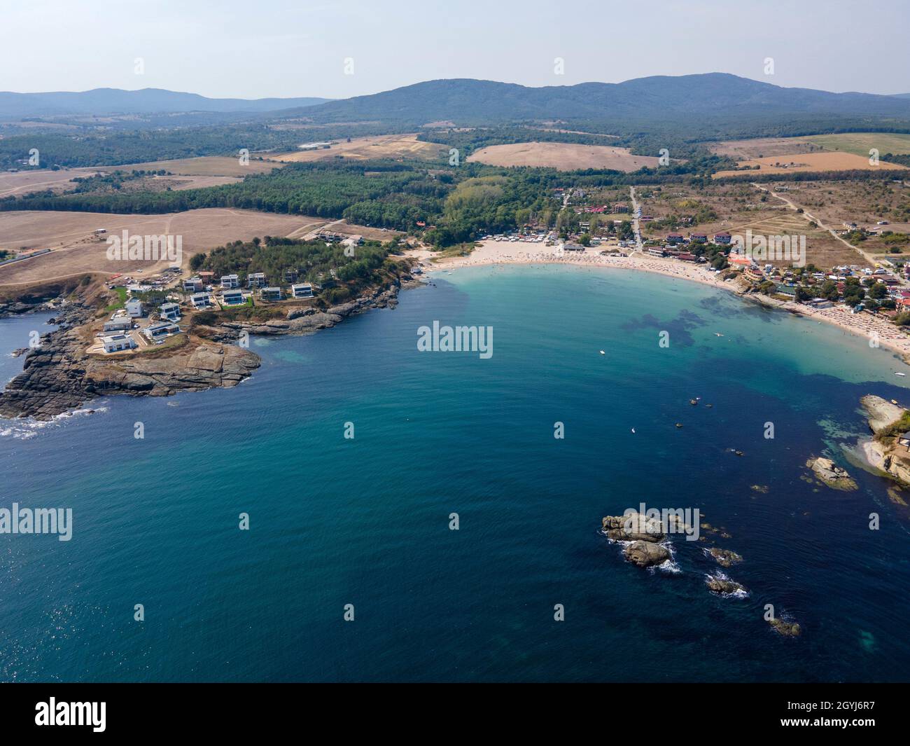 Aerial view of Arapya beach near town of Tsarevo, Burgas Region ...