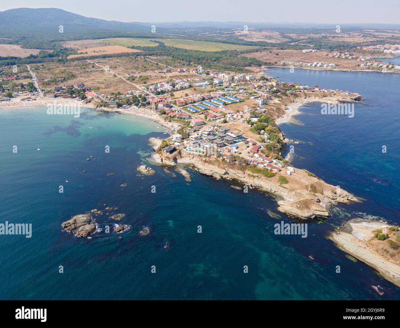 Aerial view of Arapya beach near town of Tsarevo, Burgas Region ...