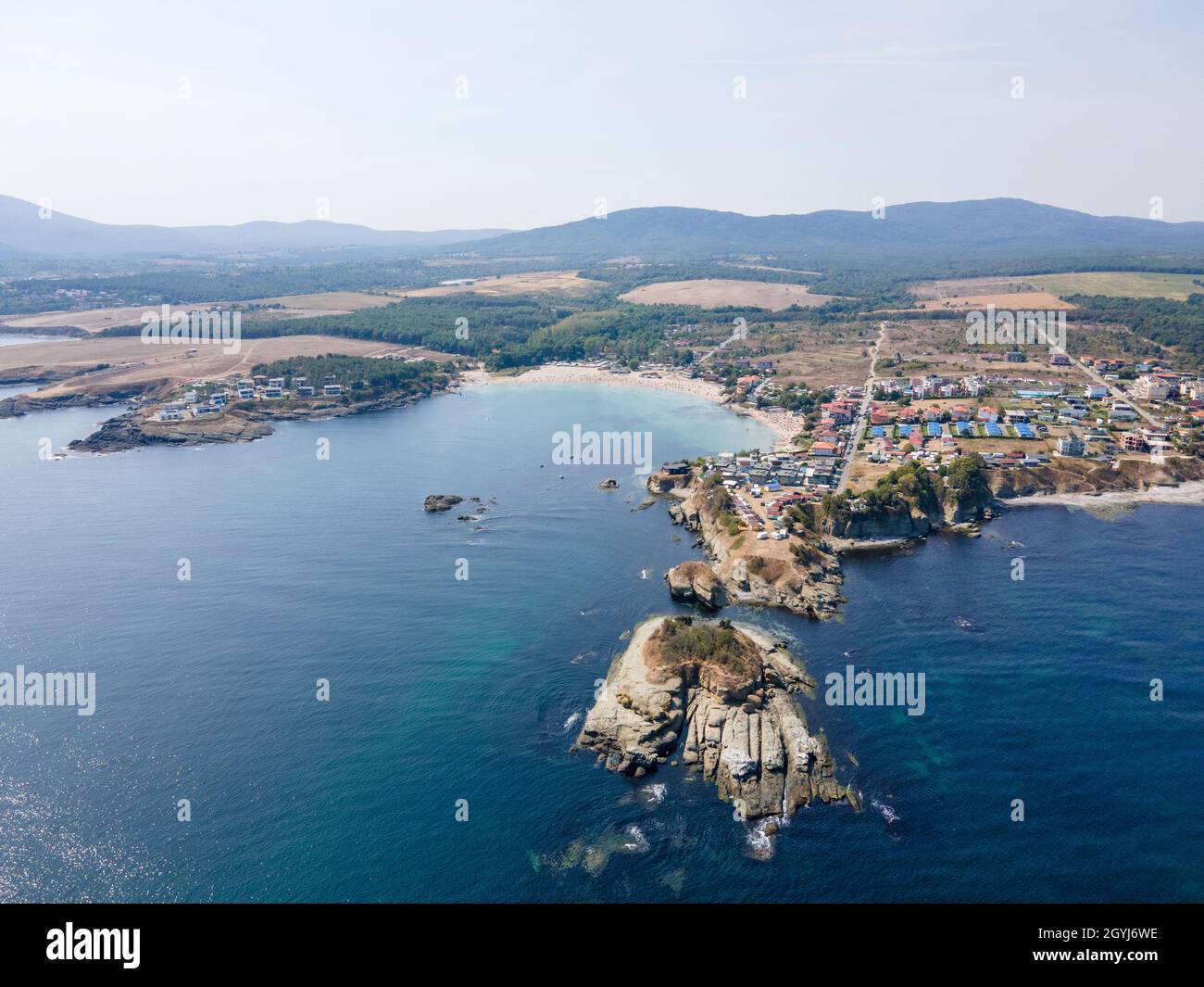 Aerial view of Arapya beach near town of Tsarevo, Burgas Region ...