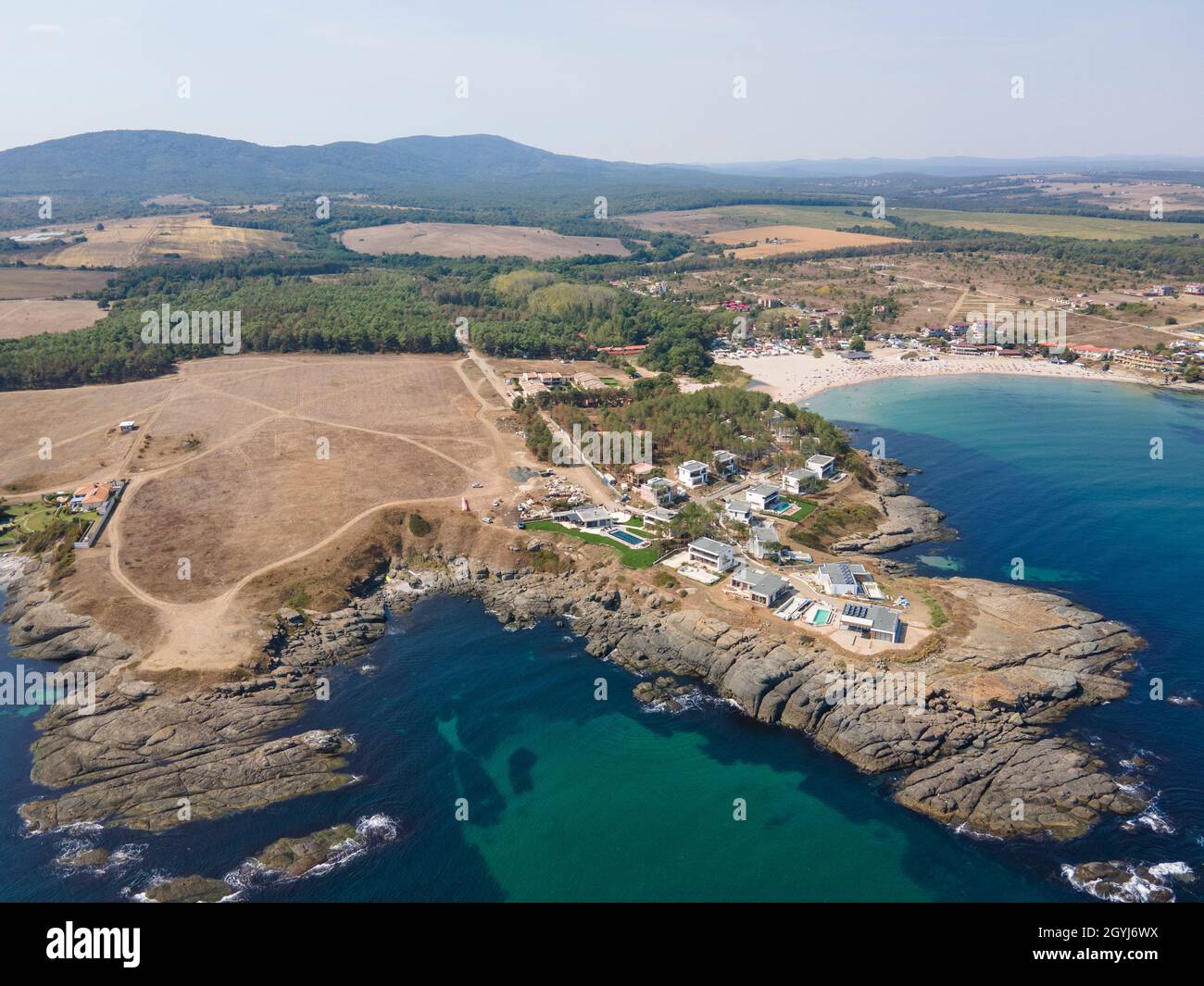 Aerial view of Arapya beach near town of Tsarevo, Burgas Region ...