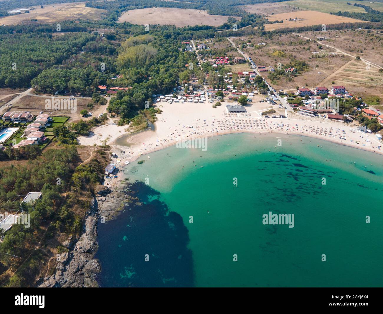 Aerial view of Arapya beach near town of Tsarevo, Burgas Region ...