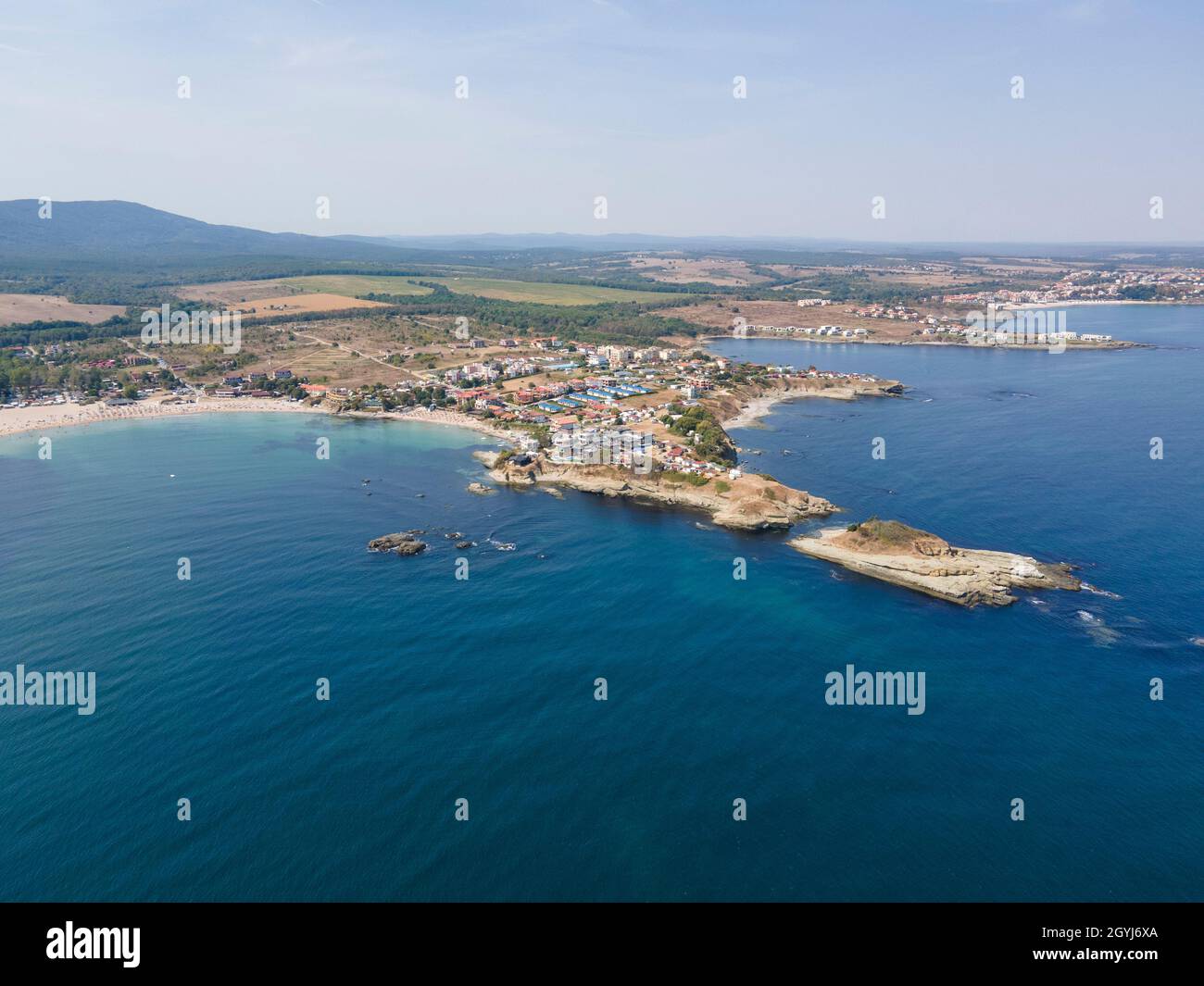 Aerial view of Arapya beach near town of Tsarevo, Burgas Region ...