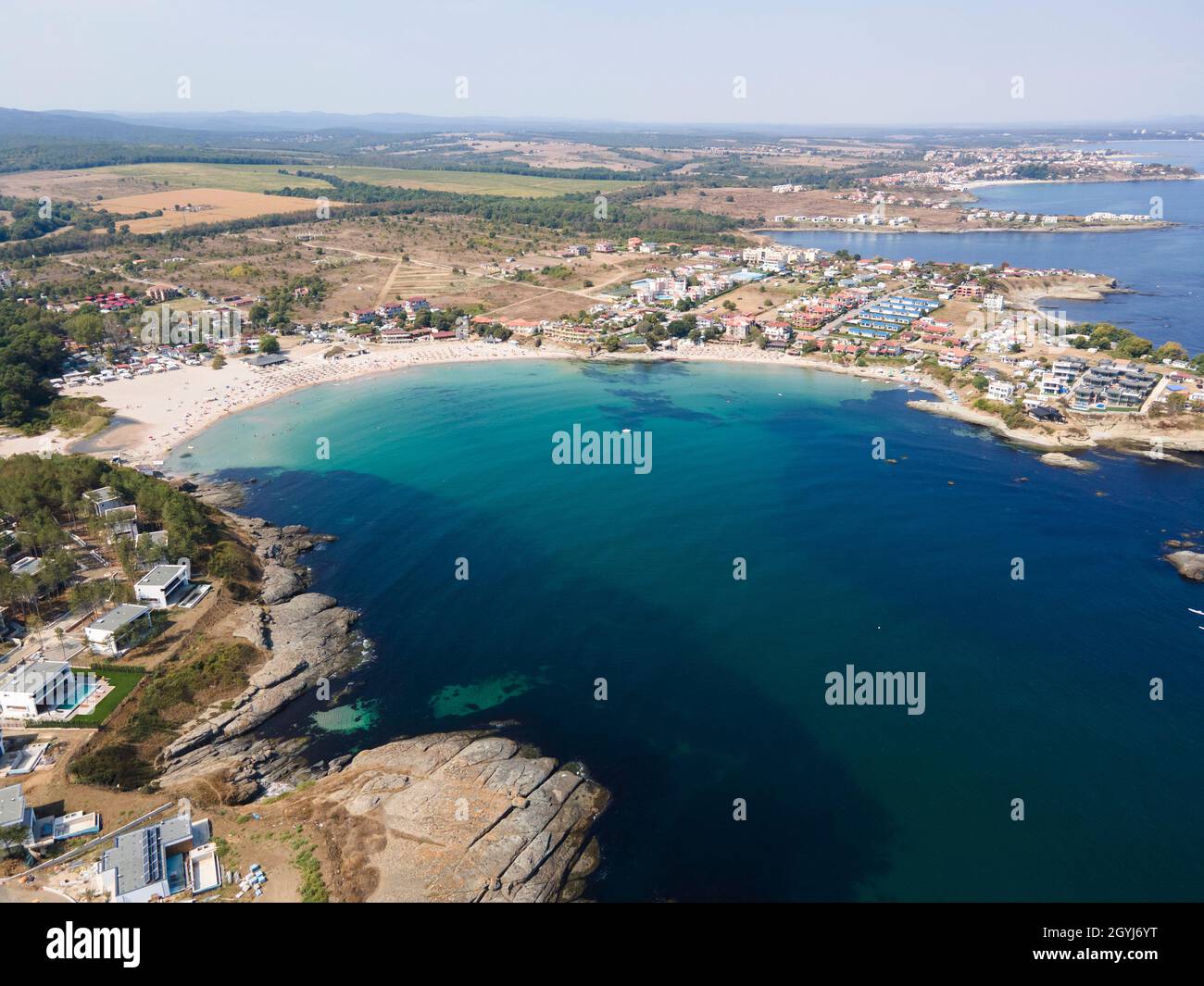 Aerial view of Arapya beach near town of Tsarevo, Burgas Region ...