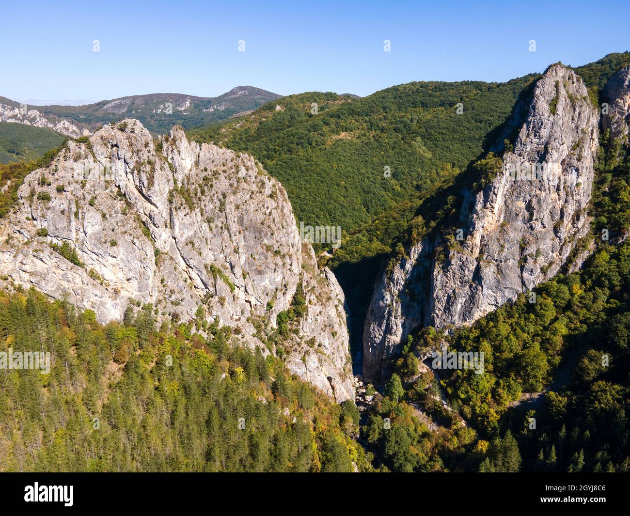 Aerial view of Erma River Gorge near town of Tran, Bulgaria Stock Photo ...