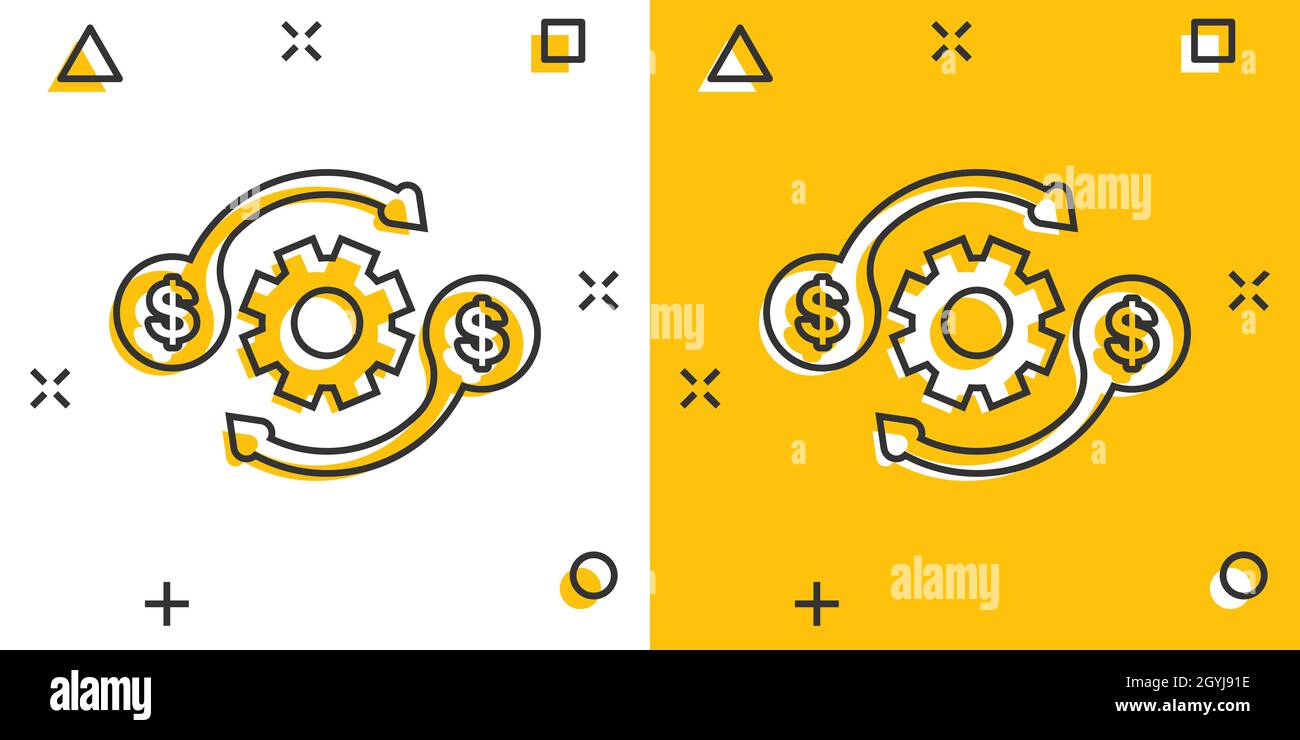 Money optimization icon in comic style. Gear effective cartoon vector ...